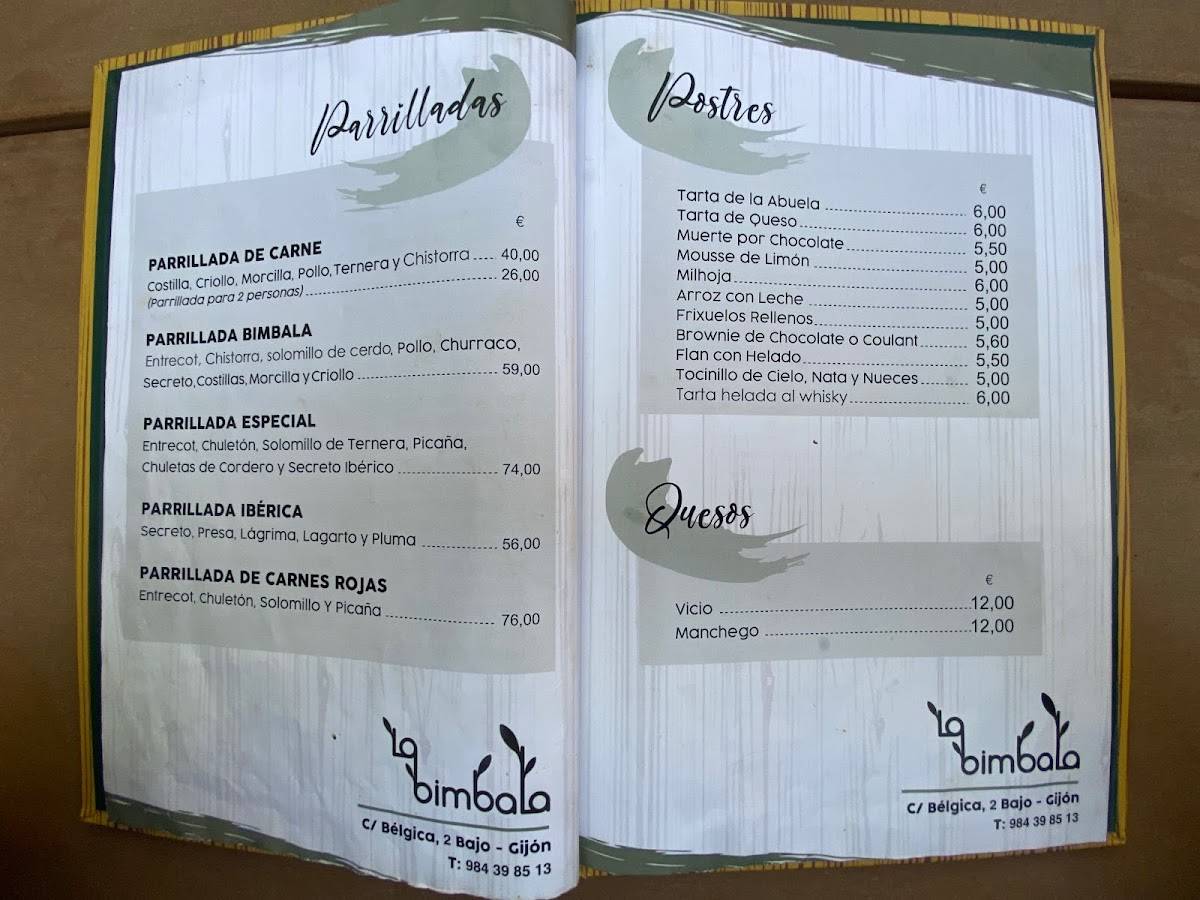 Carta del pub y bar La Bimbala, Gijón, C. Bélgica
