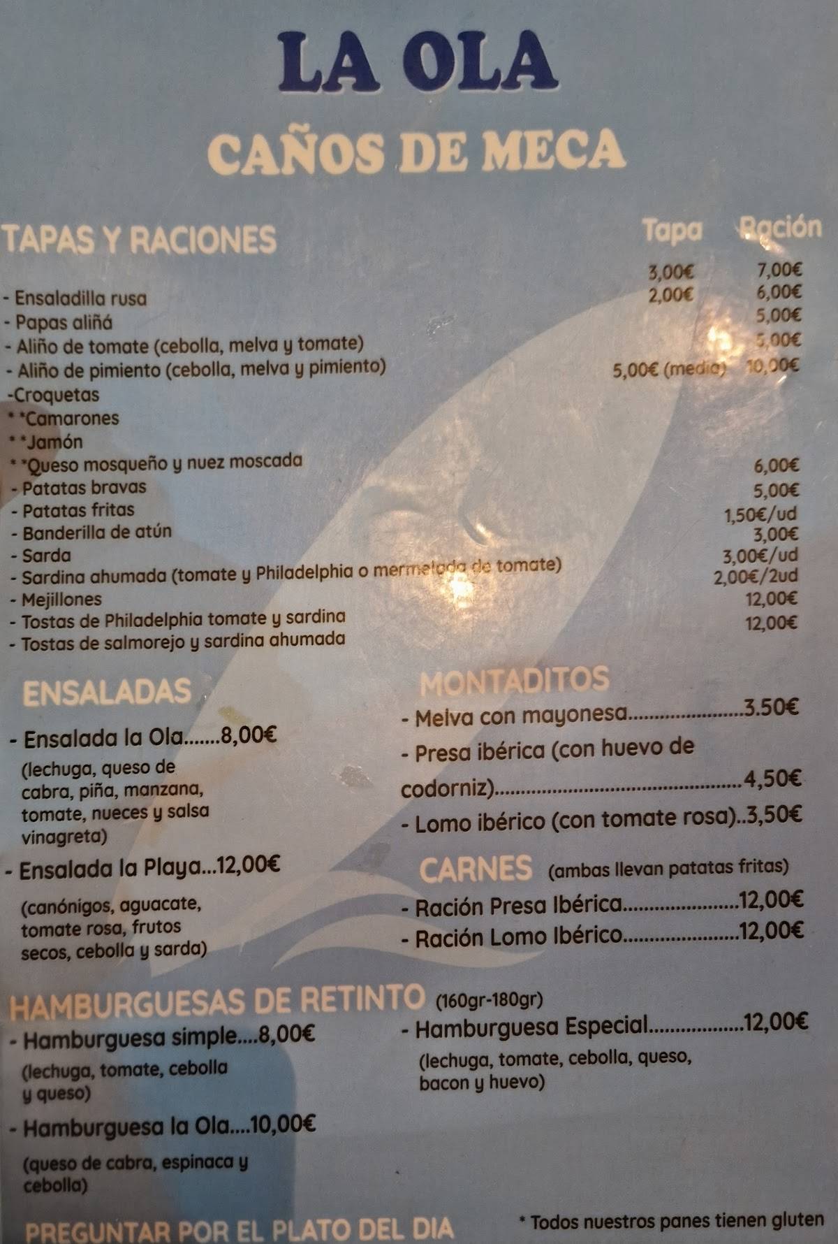 Menu at La Ola pub & bar, Los Caños de Meca