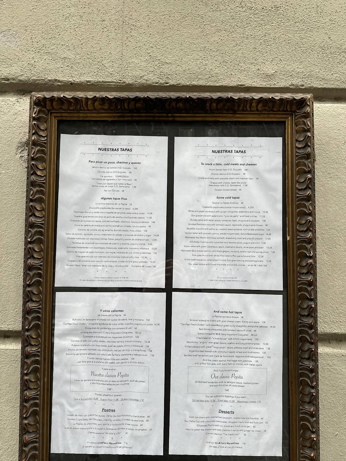 Menu at La Pepita pub & bar, Barcelona, Carrer de Còrsega