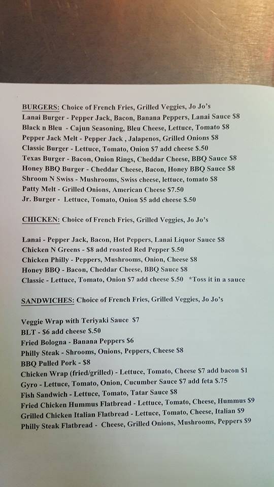 Menu at Lanai pub & bar, Youngstown