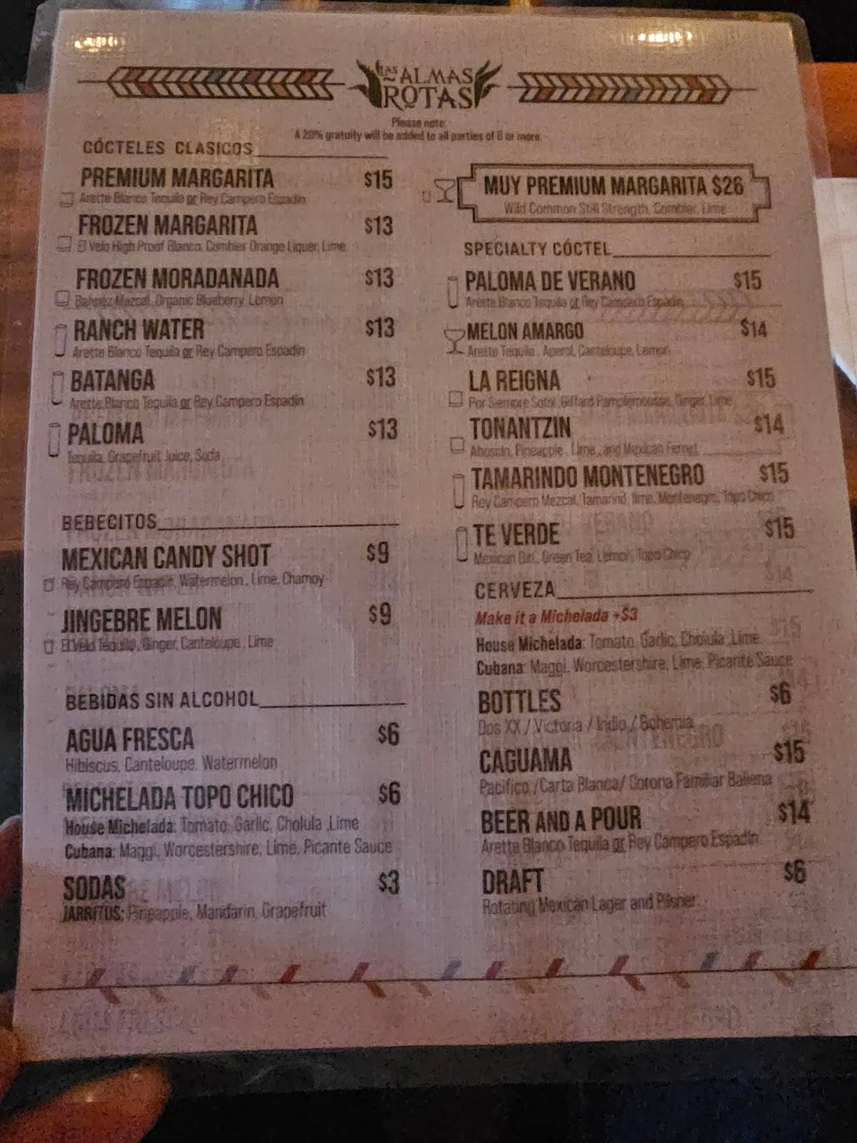 Menu at Las Almas Rotas pub & bar, Dallas