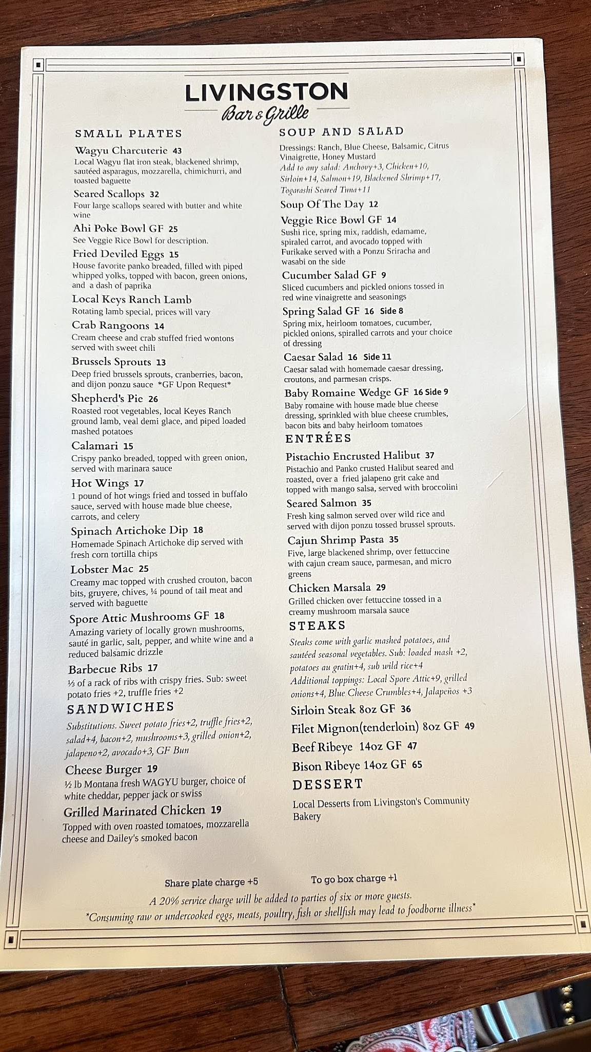 Menu at Livingston Bar & Grille, Livingston