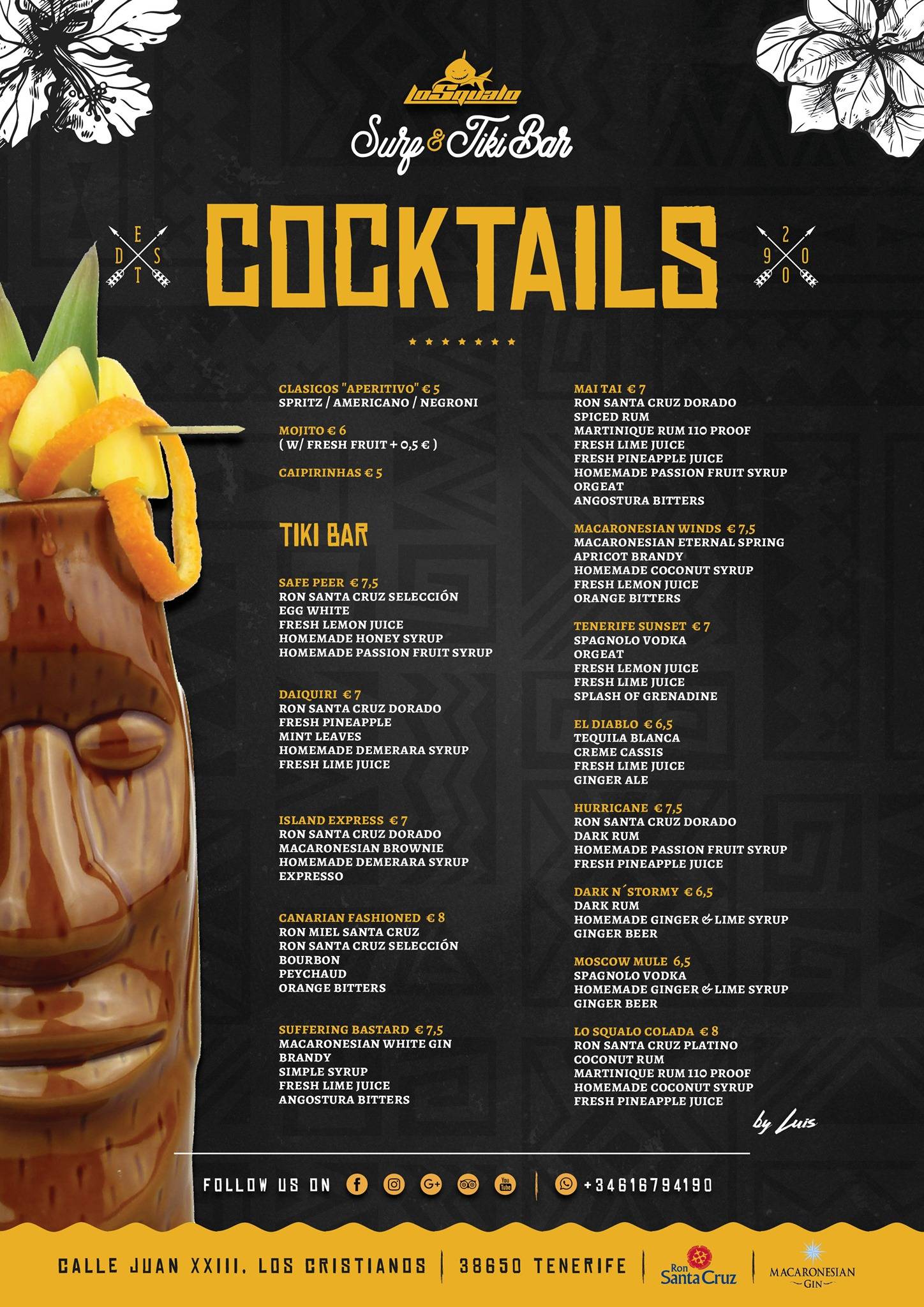 Menu at Lo Squalo Surf Bar, Costa Adeje