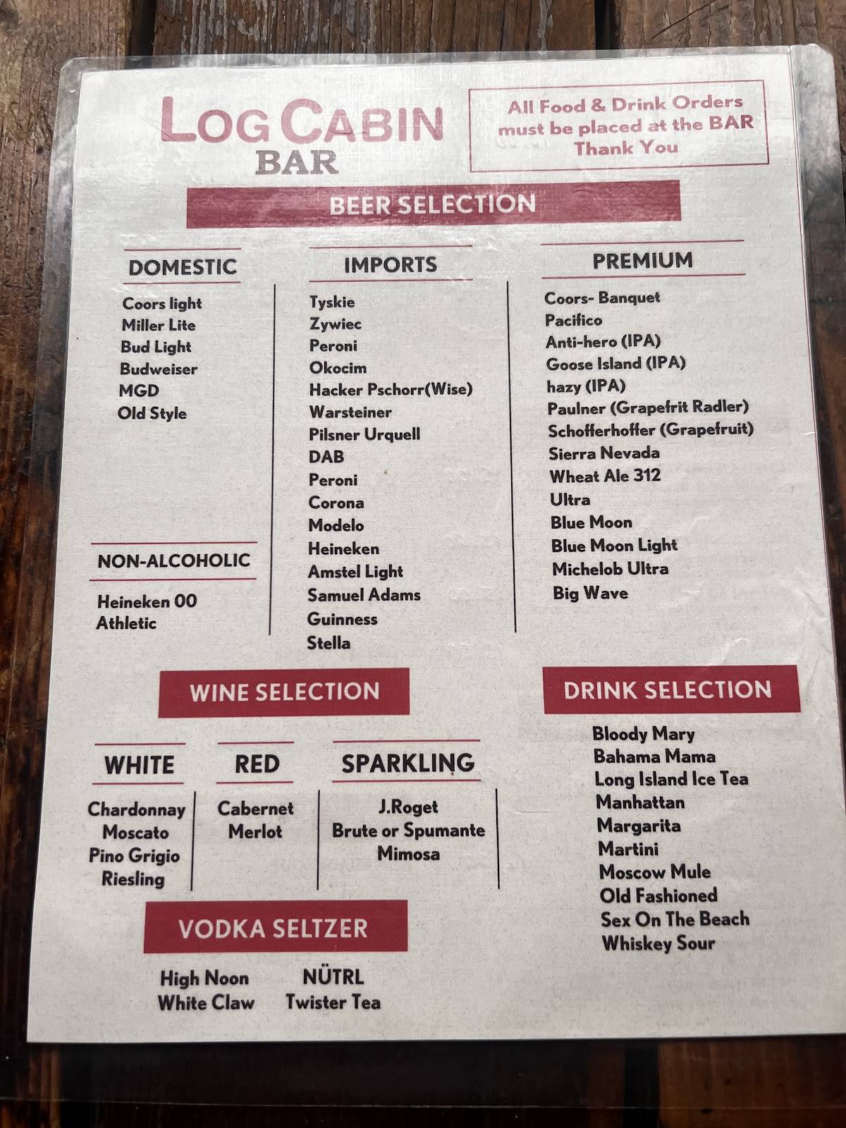 Menu at Log Cabin Bar, Des Plaines