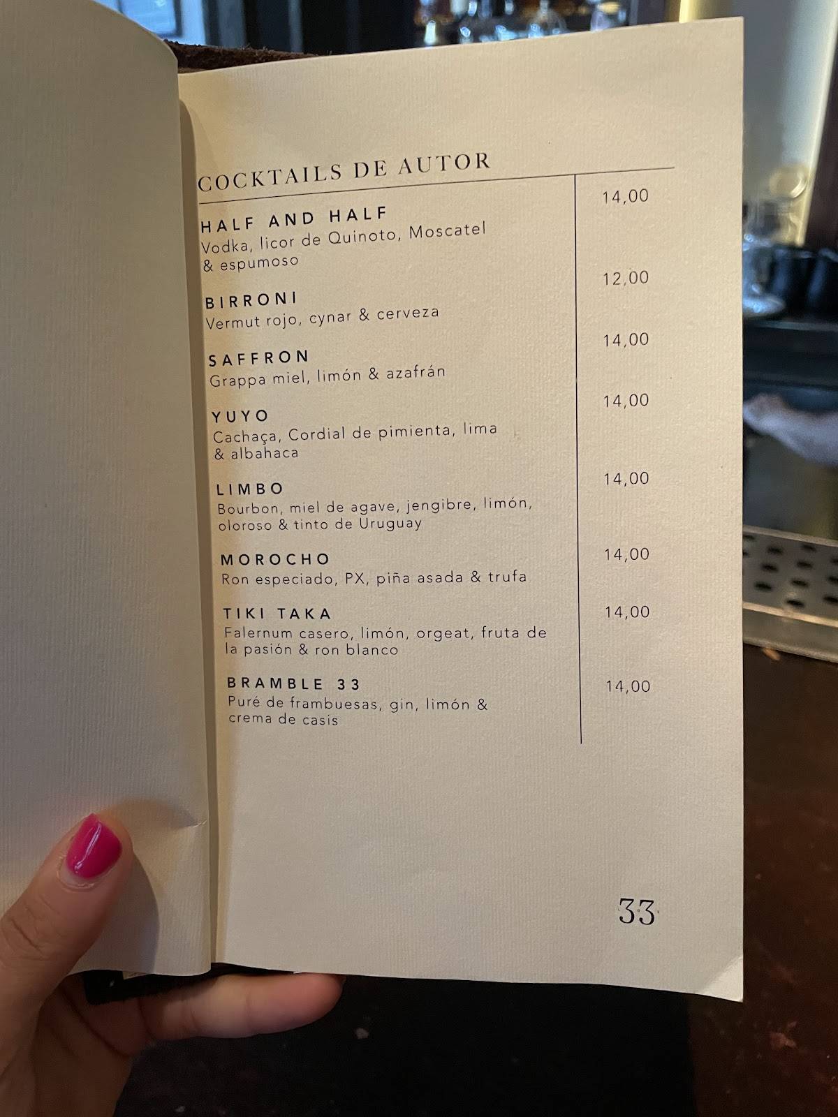 Carta de Los 33 Restaurante, Madrid