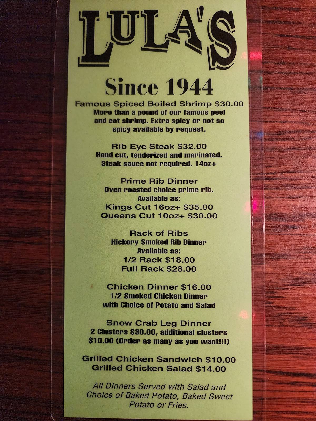 Menu at Lula's Tavern pub & bar, Moberly