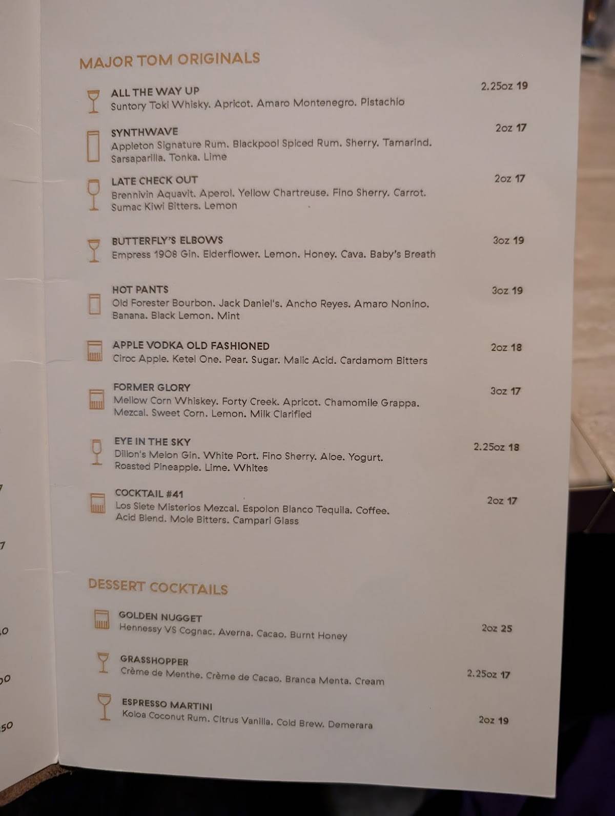 Menu at Major Tom Bar, Calgary