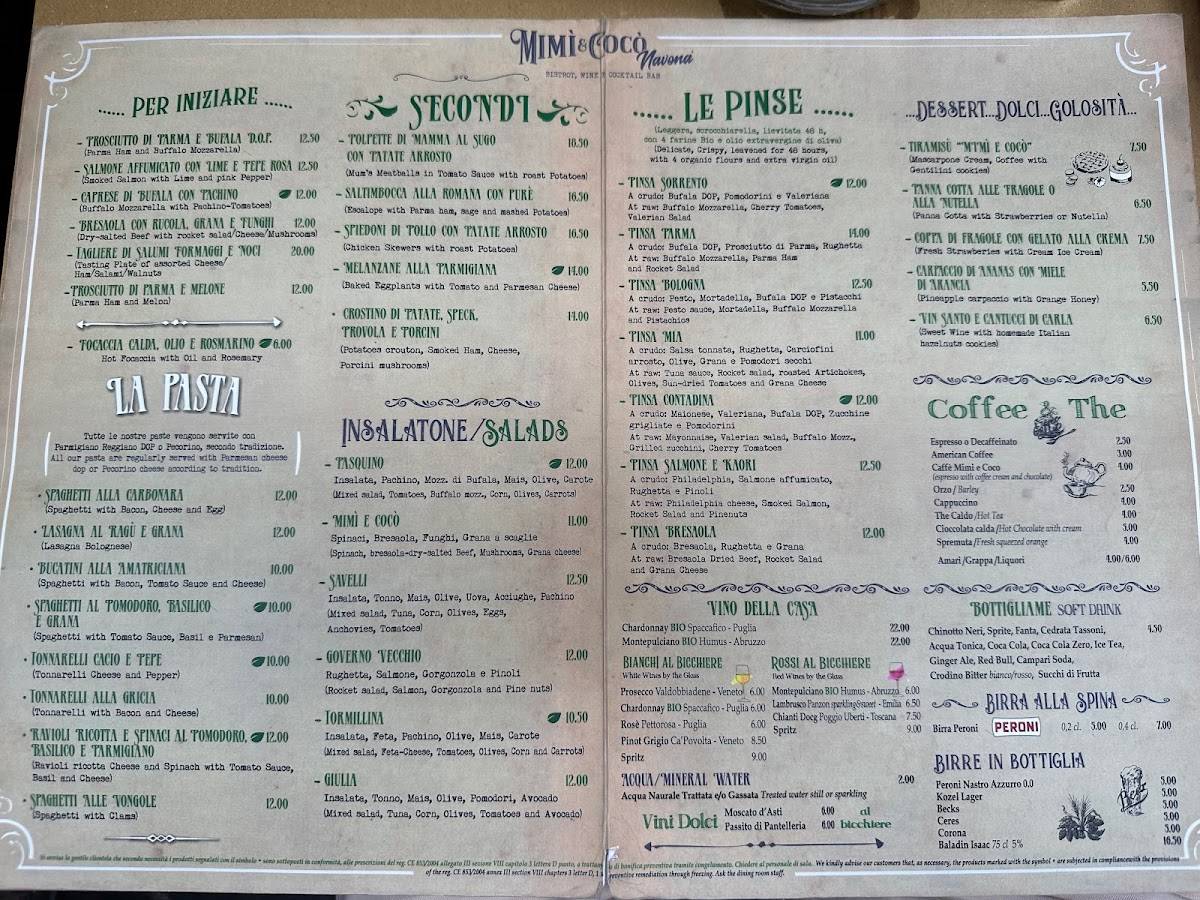 Menu at Mimì e Cocò pub & bar, Rome, Via del Governo Vecchio