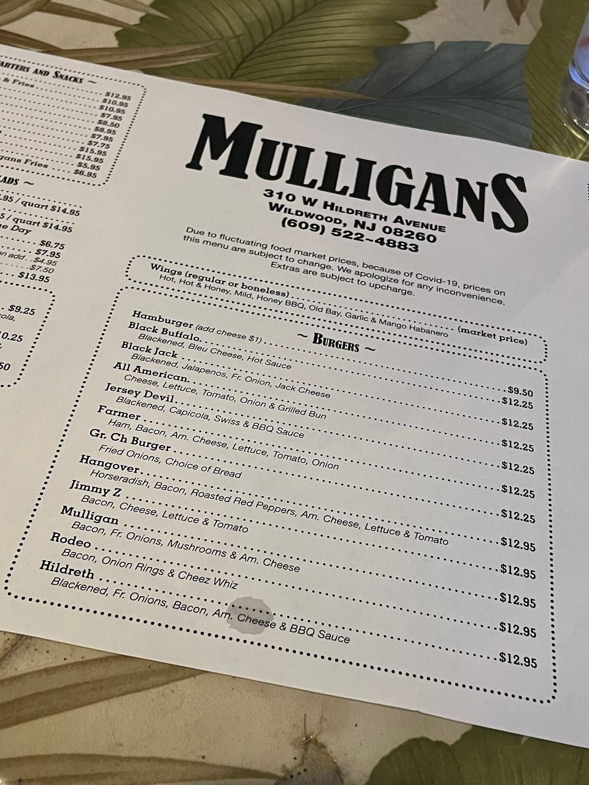 Menu at Mulligan's Shore Bar & Grill, Wildwood, 310 W Hildreth Ave