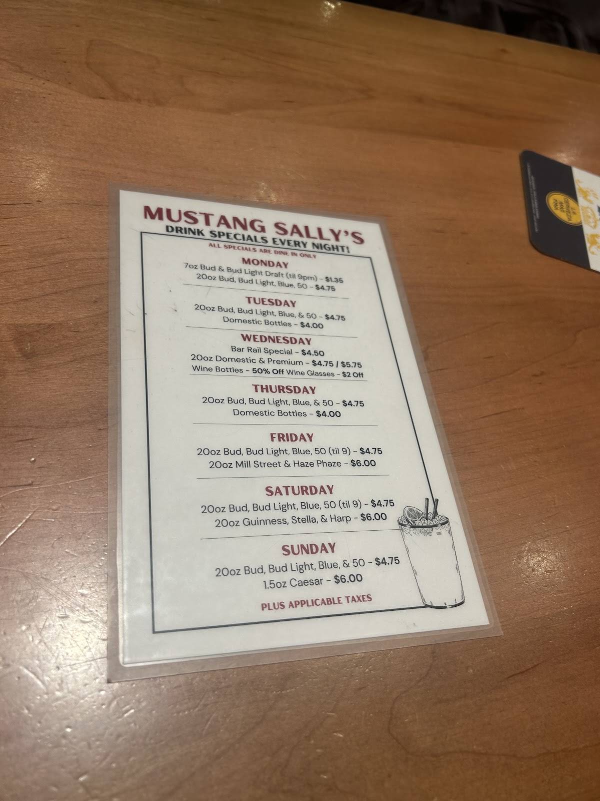 Menu at Mustang Sally's pub & bar, London