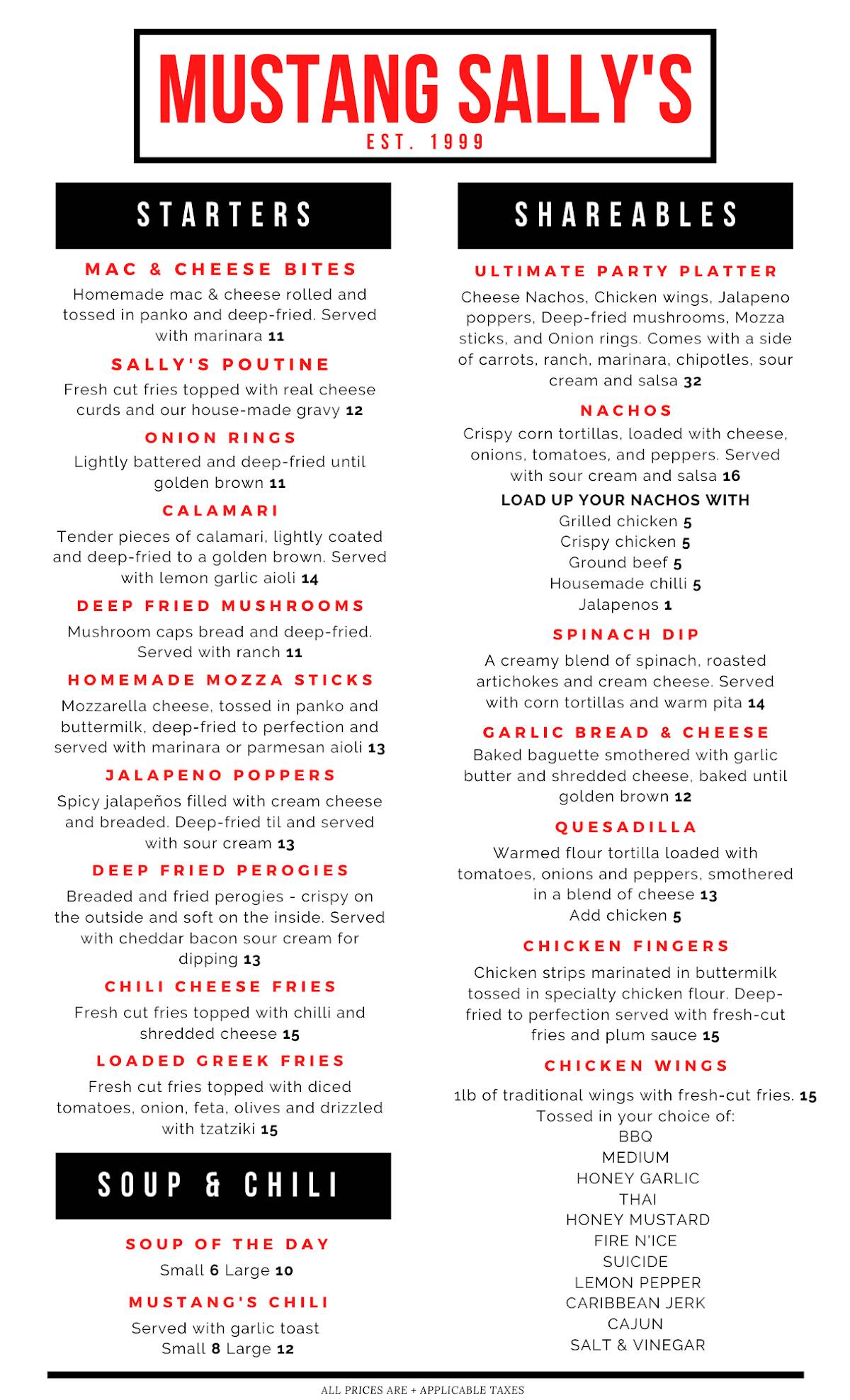 Menu at Mustang Sally's pub & bar, London