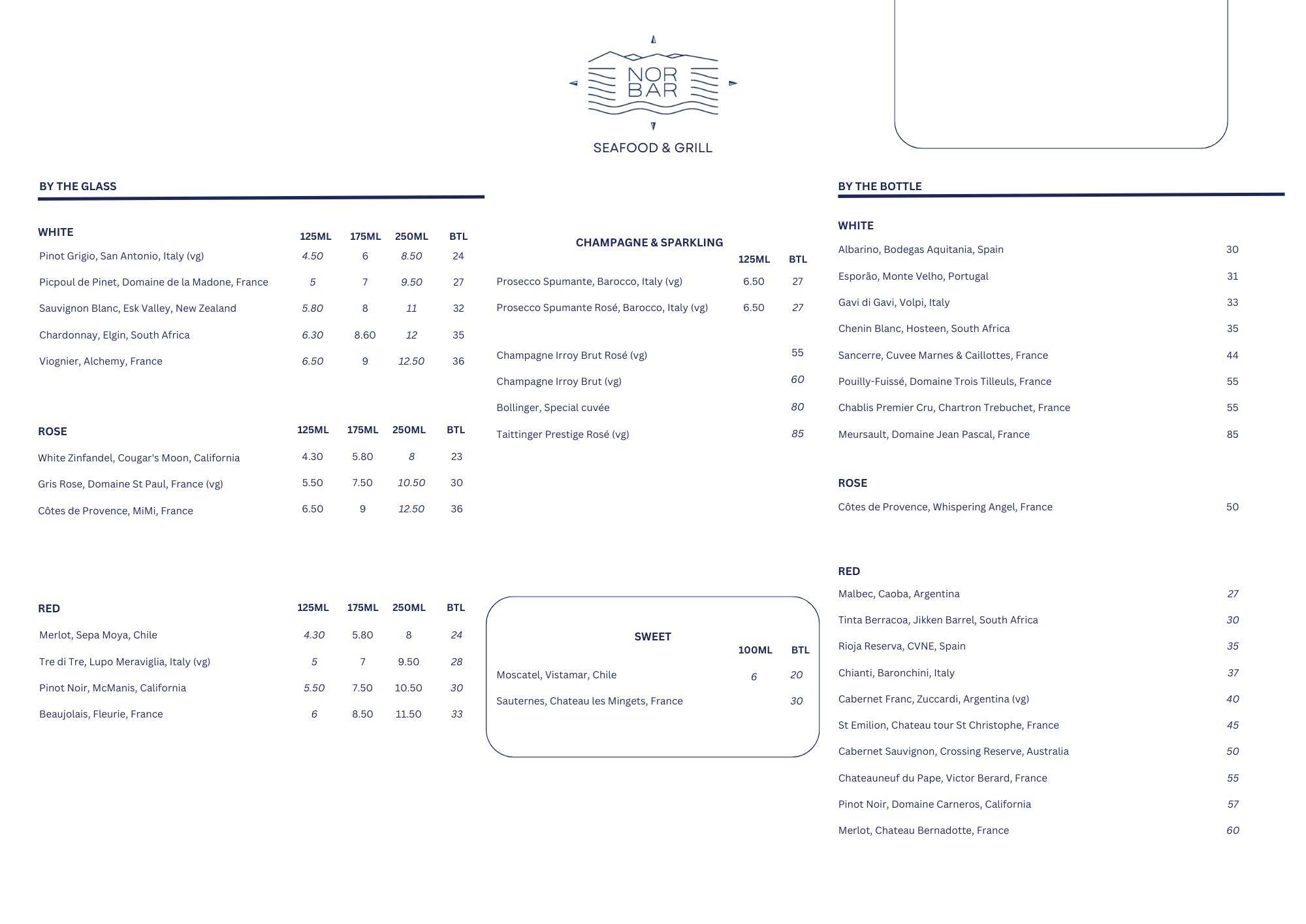 Menu at Norbar Seafood Restaurant & Bar, Barmouth, Llanaber