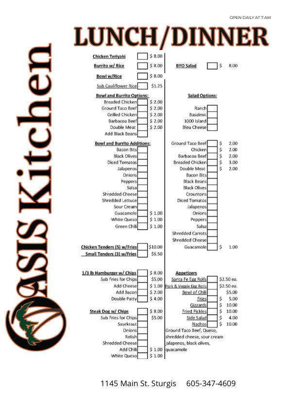 Menu at Oasis Bar & Fireside Lounge, Sturgis