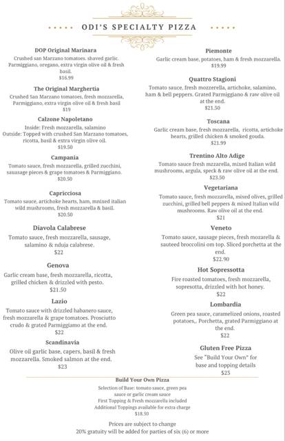 Menu at Odi’s Pizzeria & Restaurant, Corpus Christi