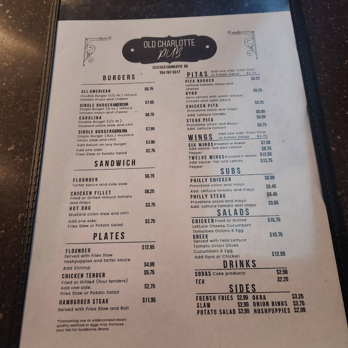 Menu at Old Charlotte Pub, Concord
