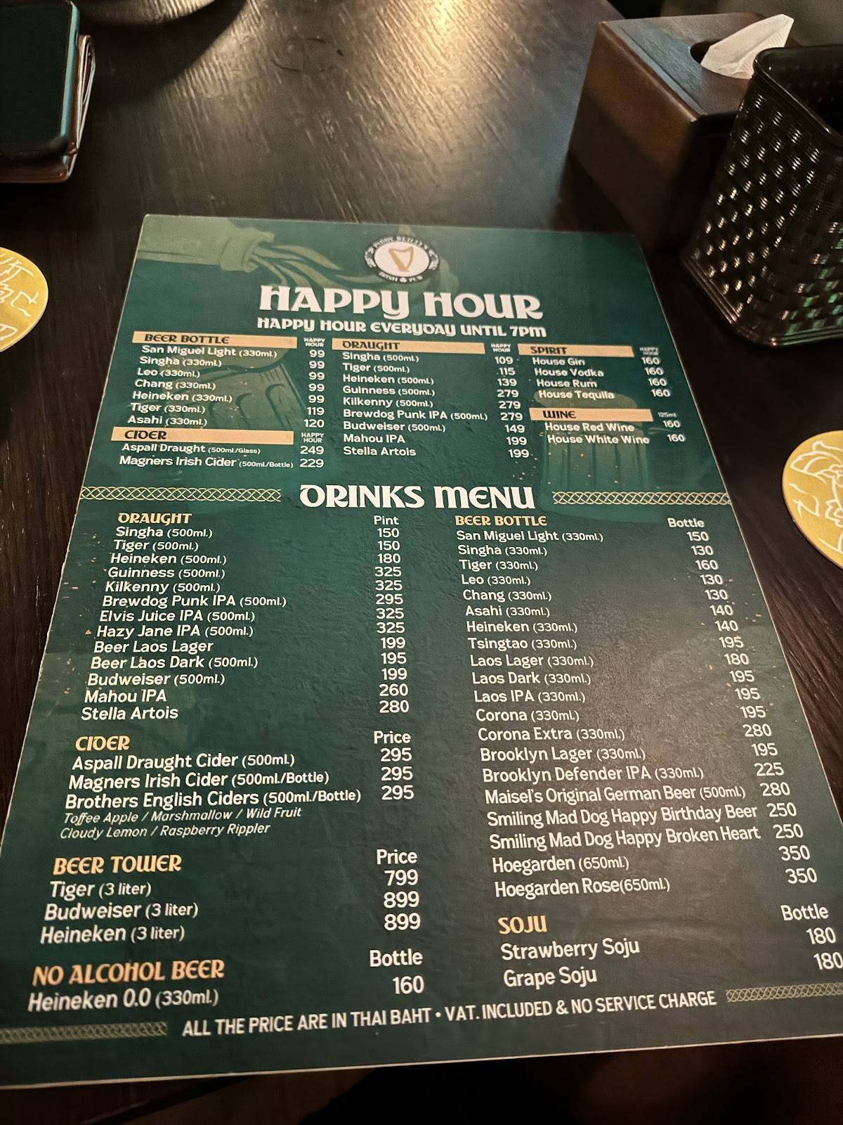 Menu at Paddy Reilly’s Irish Pub, Bangkok