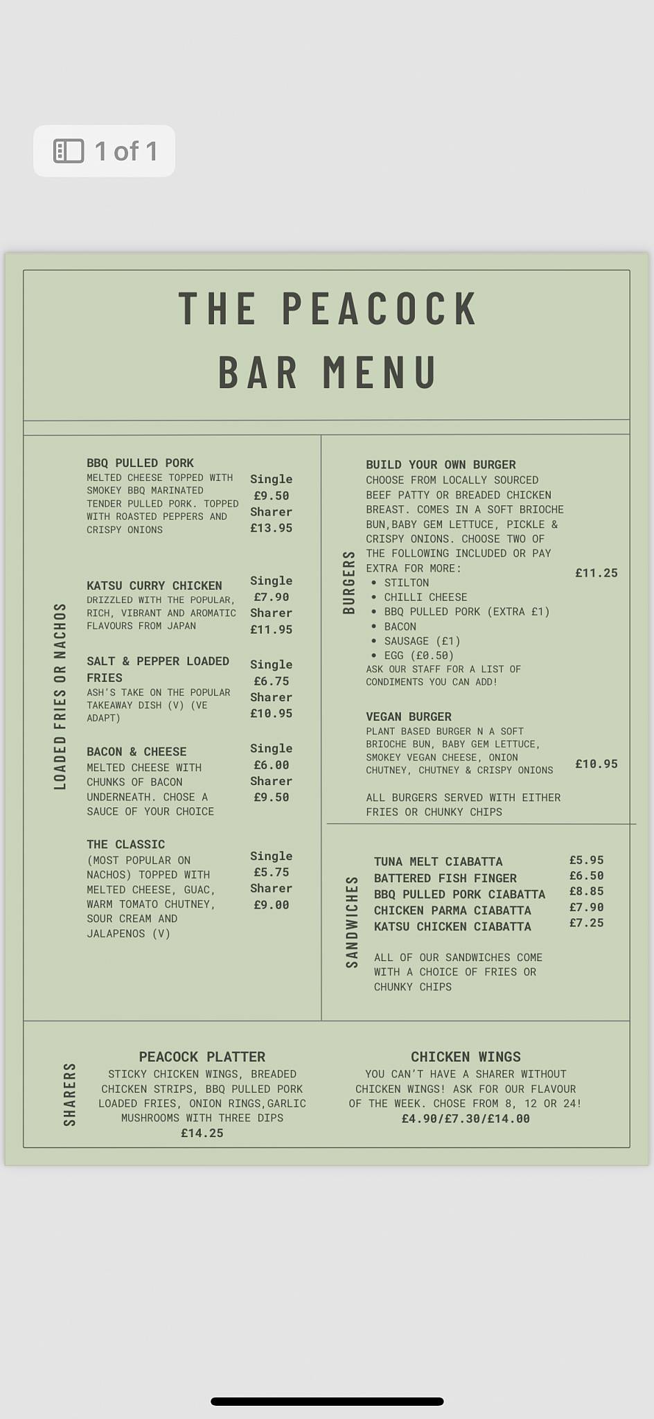 Menu at Peacock Inn pub & bar, Lincoln