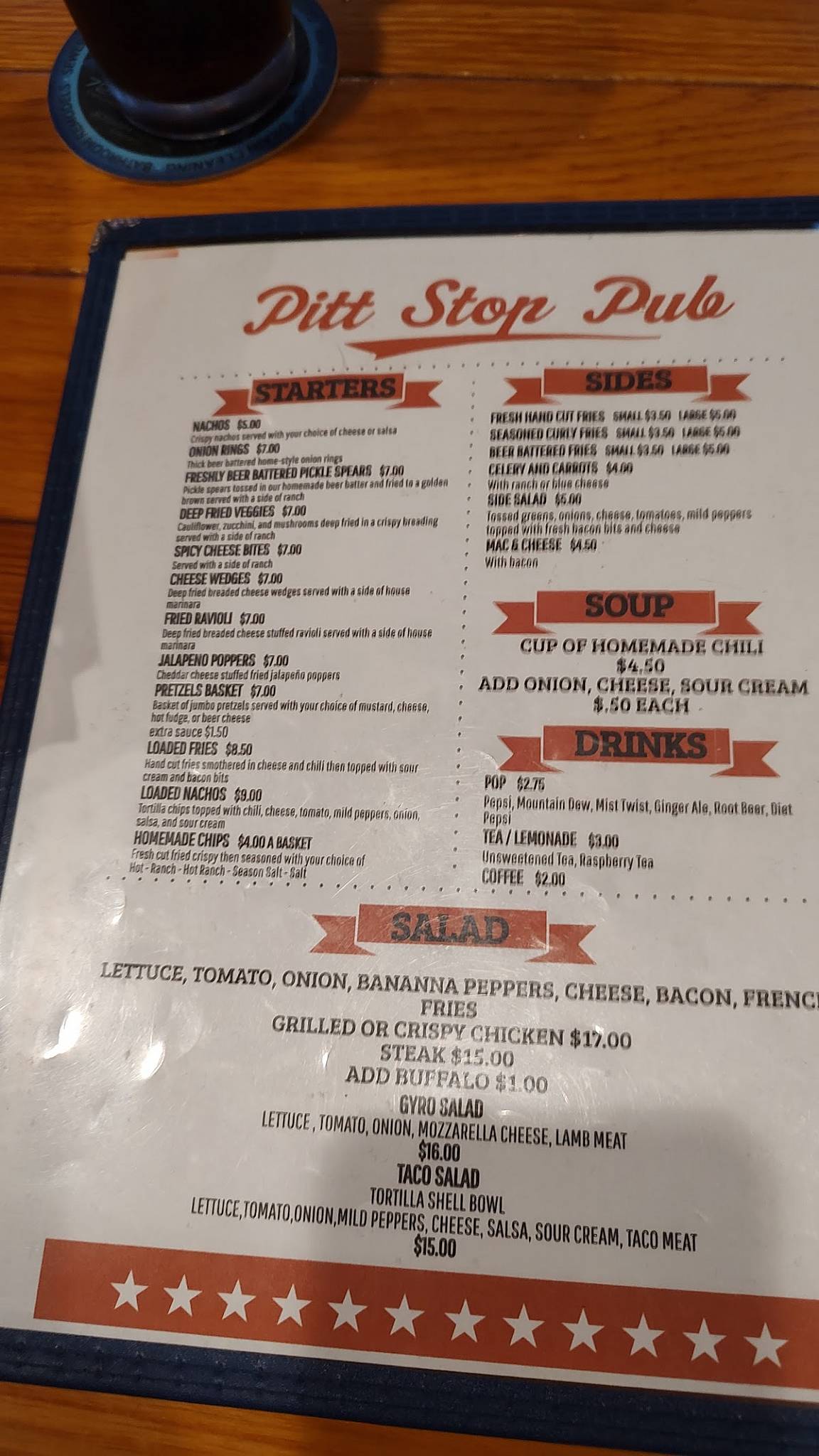 Menu at Pitt Stop Pub, Mercer