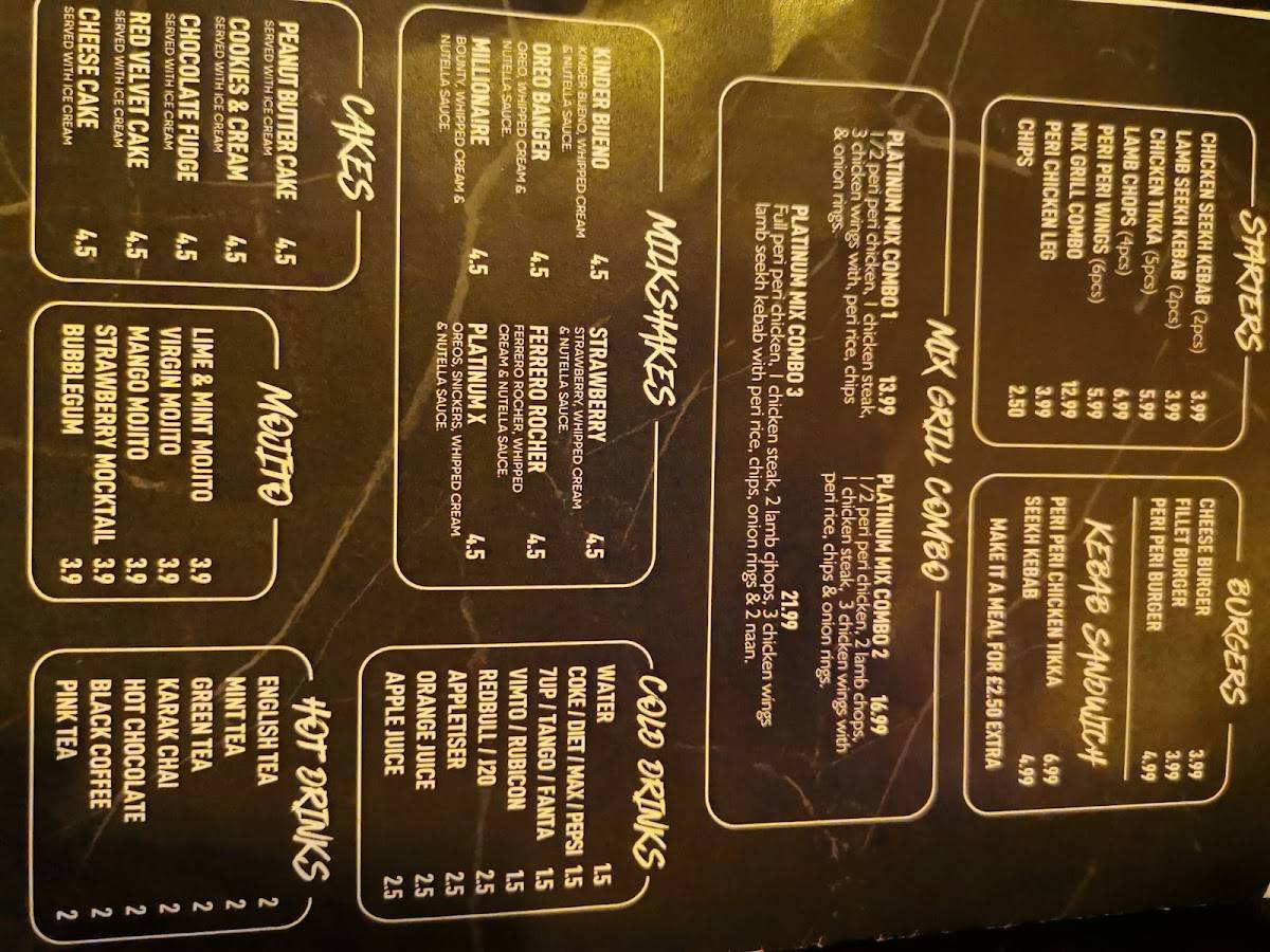 Menu at Platinum lounge pub & bar, Manchester