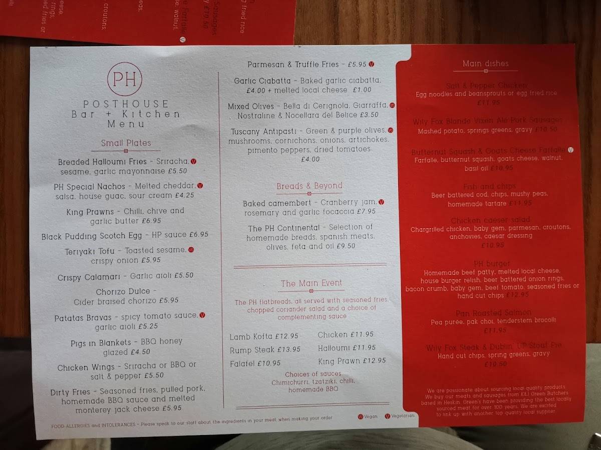 Menu at Posthouse restaurant, Wigan