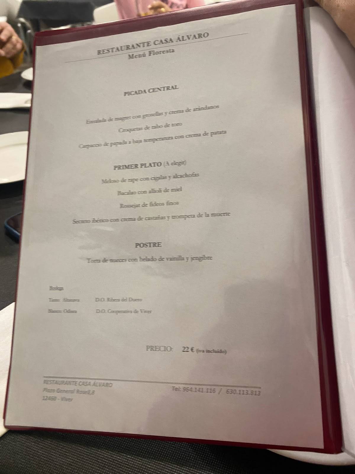 Carta de RESTAURANTE CASA ÁLVARO., Viver