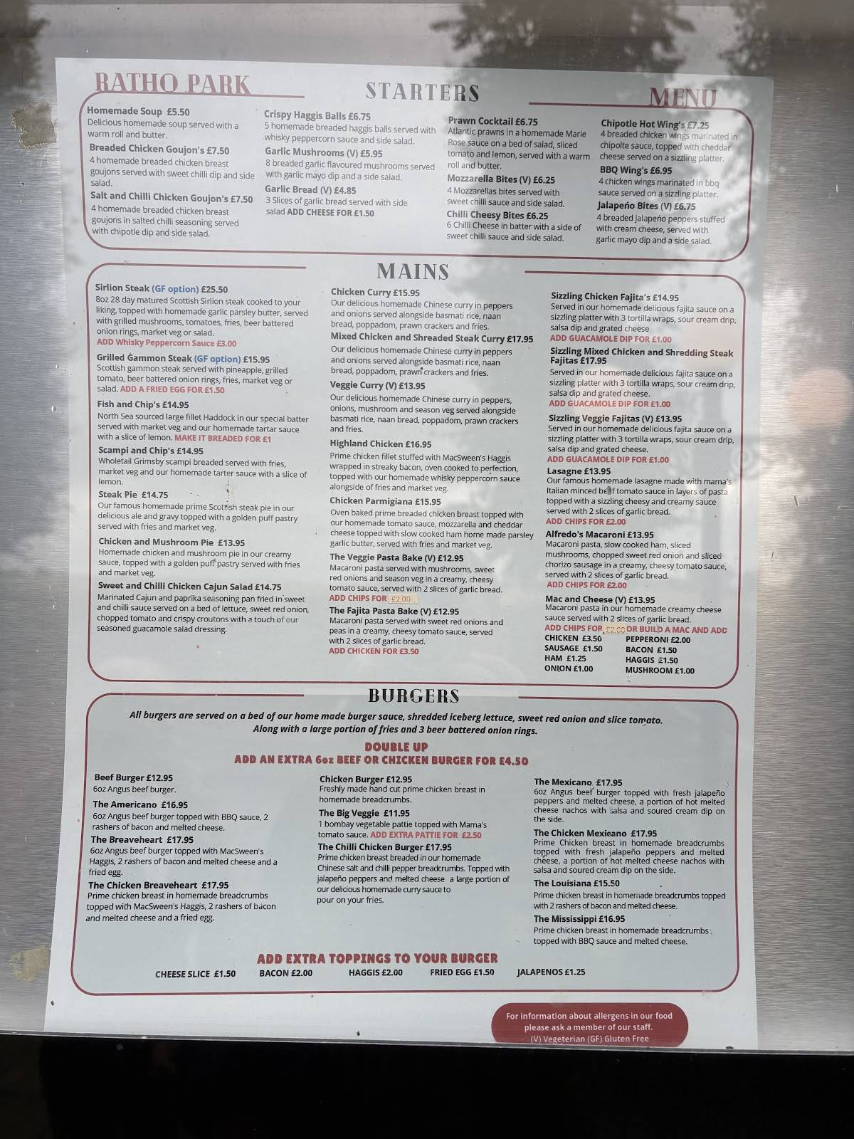 Menu at Ratho Park pub & bar, Edinburgh, 101 Dalmahoy Rd
