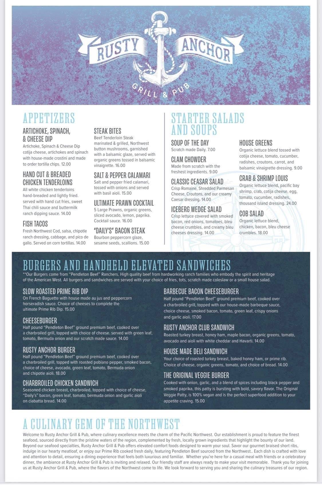 Menu at Rusty Anchor Grill and Pub, Ocean Shores