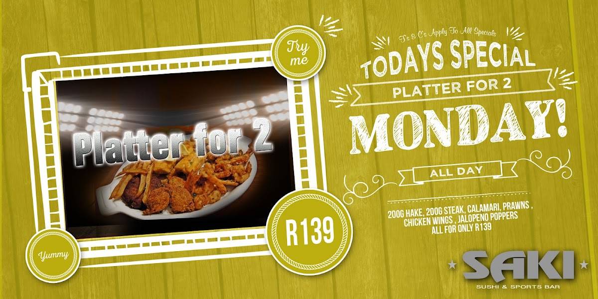 Menu at Saki pub & bar, Pietermaritzburg