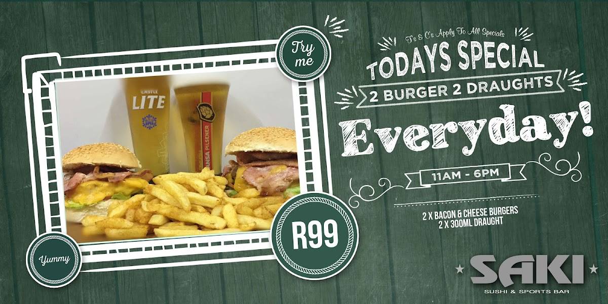 Menu at Saki pub & bar, Pietermaritzburg