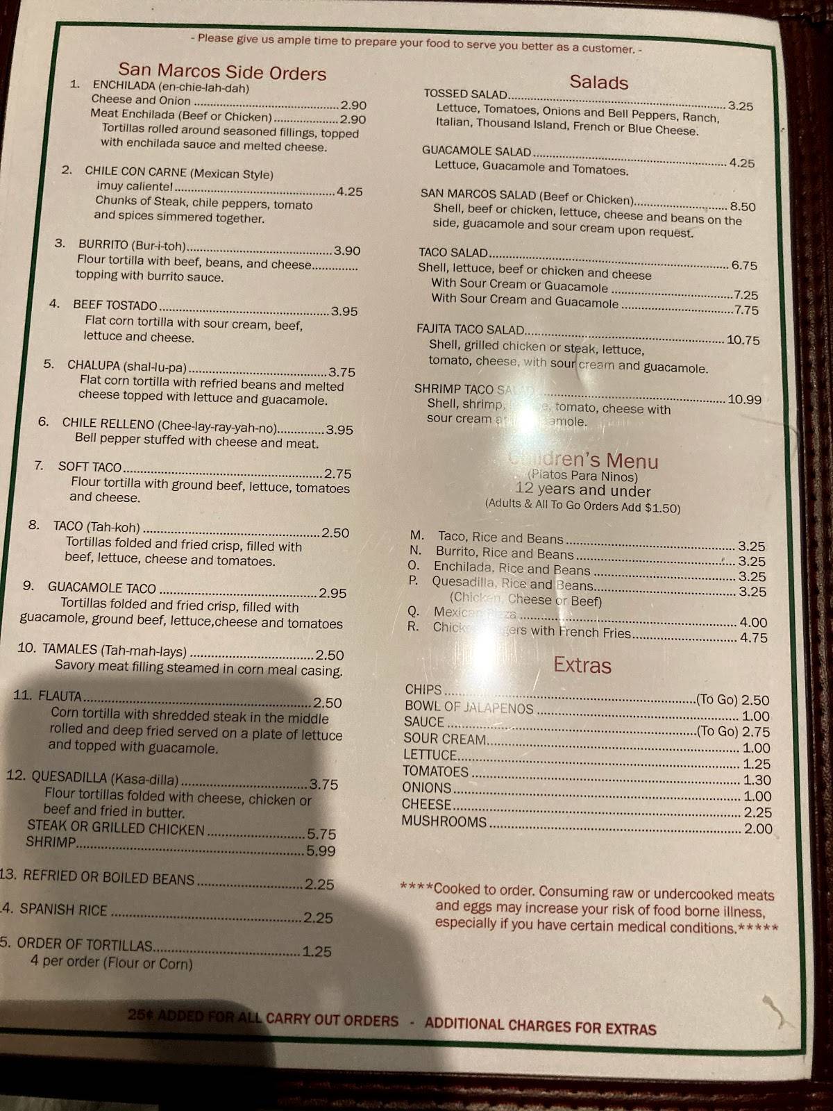 Menu at San Marcos Mexican Restaurant, Valley