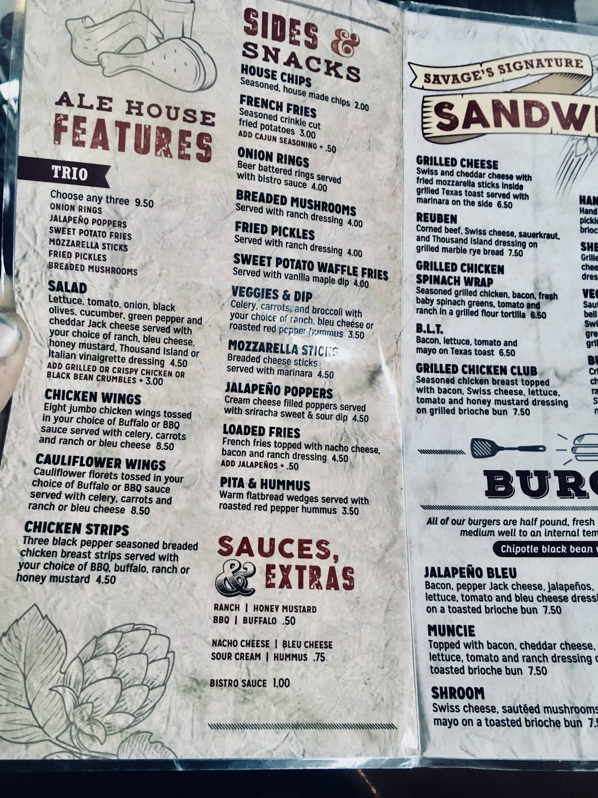 Menu at Savage's Ale House pub & bar, Muncie