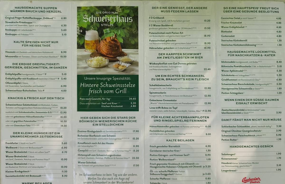 Menu at Schweizerhaus pub & bar, Vienna