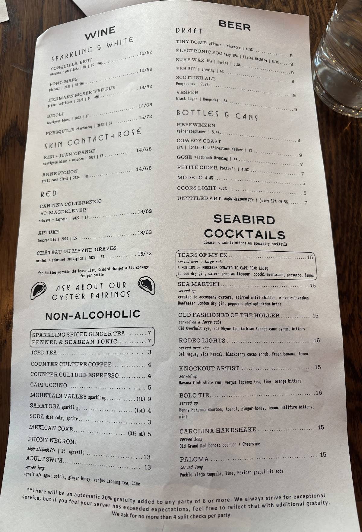 Menu at Seabird pub & bar, Wilmington