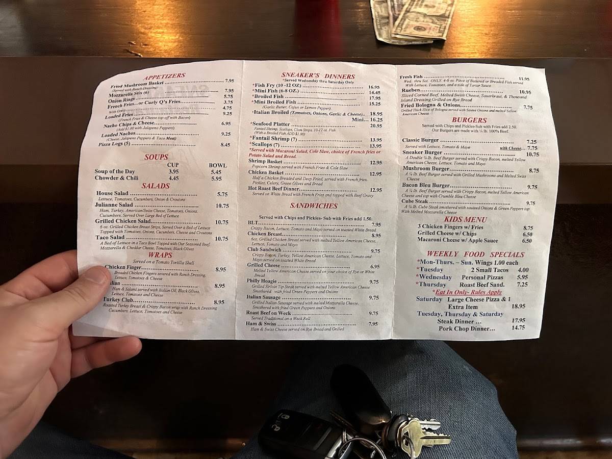 Menu at Sneakers bar, Blasdell