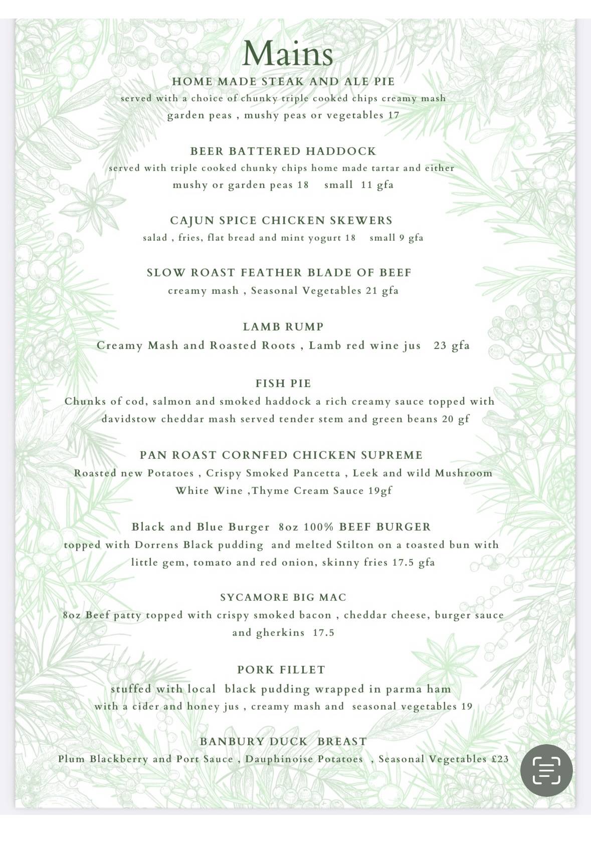 Menu at Sycamore Inn, Parwich pub & bar, Parwich