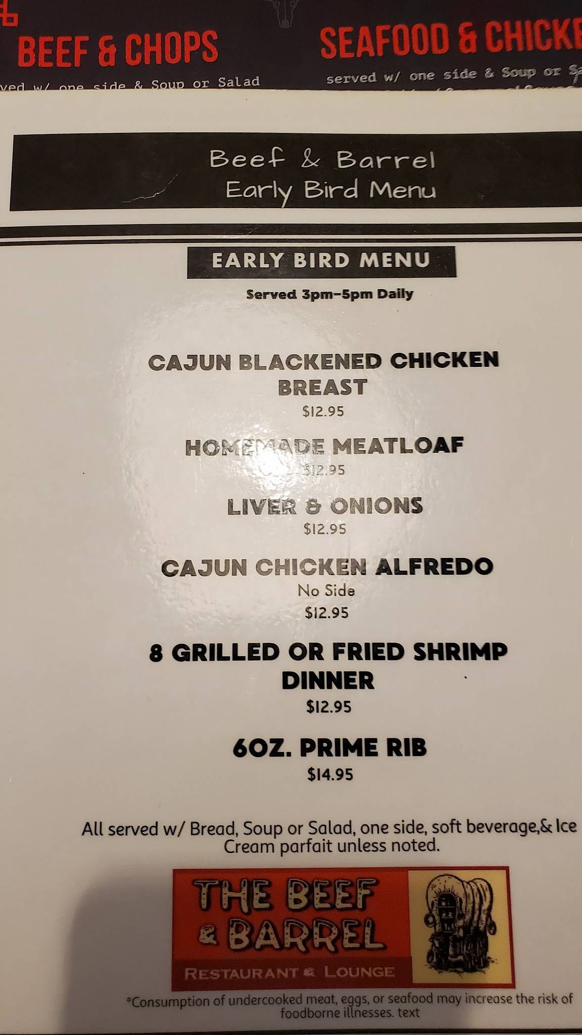 Menu at The Beef and Barrel Restaurant & Lounge, Crossville, West Ave