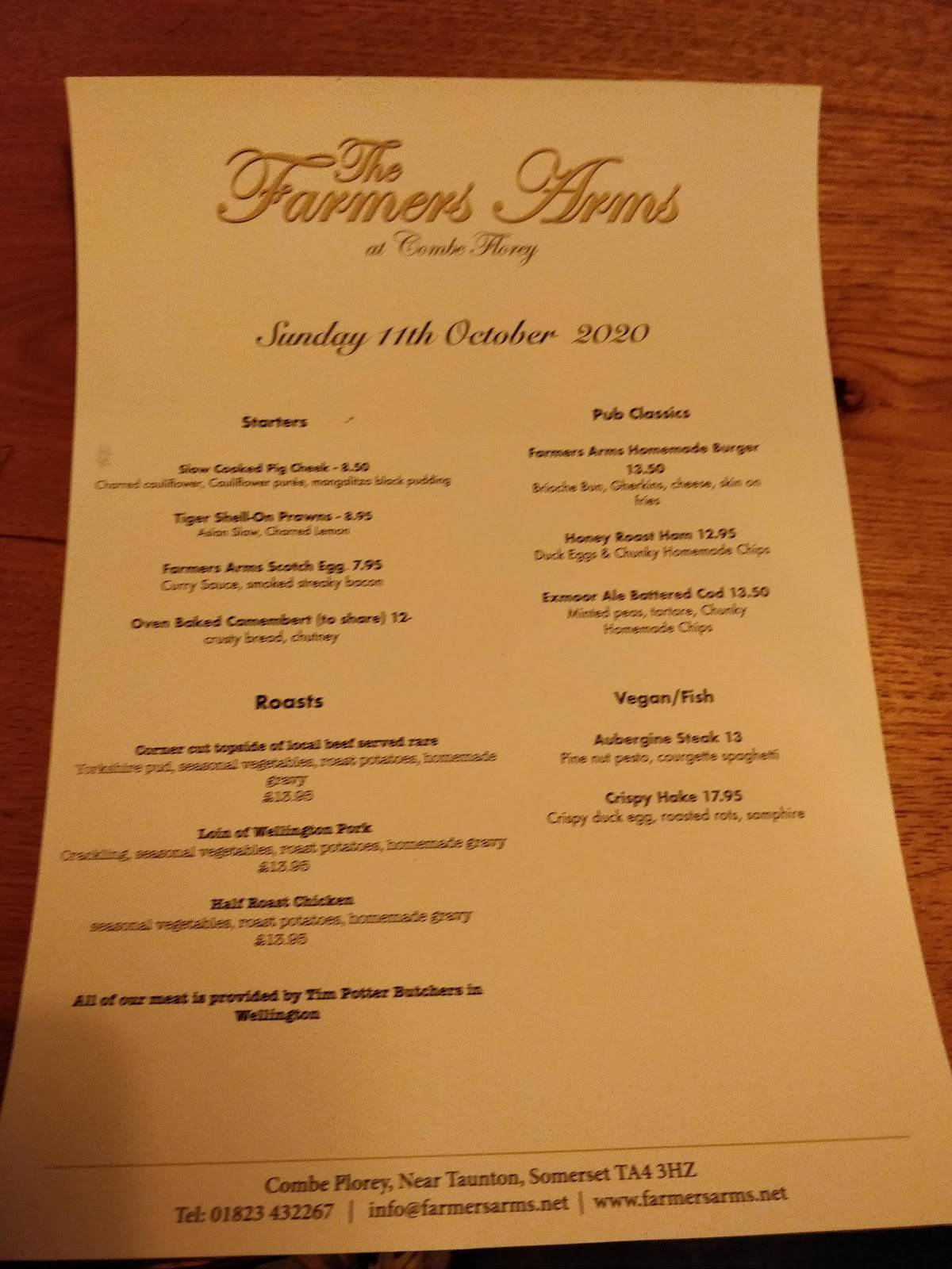 Menu at The Farmers Arms pub & bar, Bishop's Lydeard