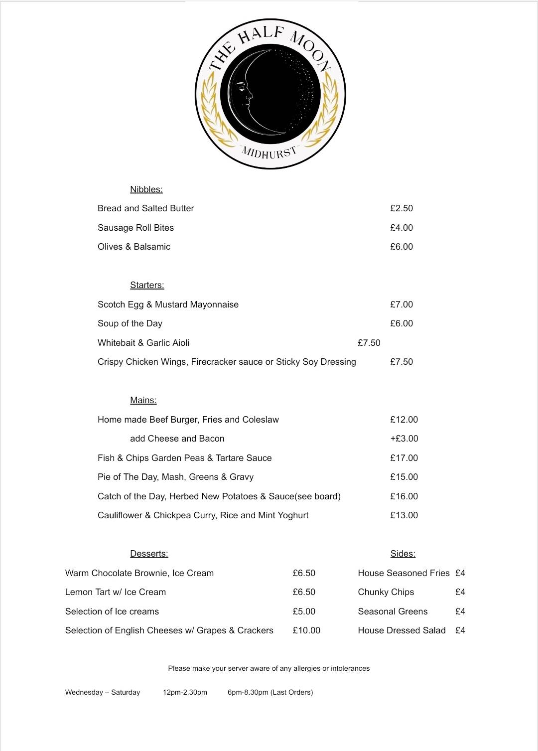 Menu at The Half Moon pub & bar, Midhurst