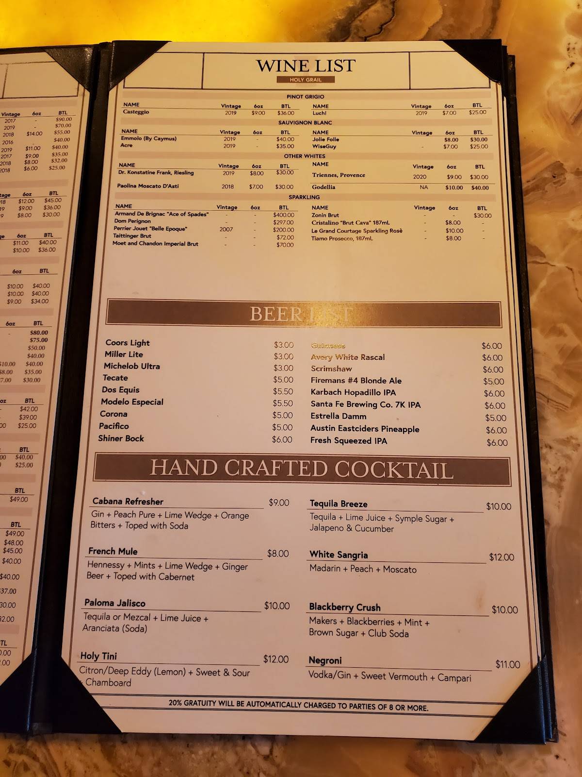Menu at The Holy Grail pub & bar, El Paso