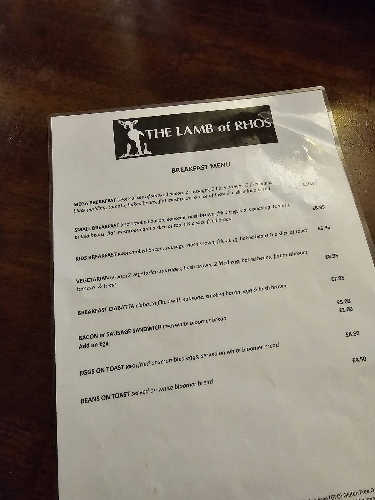 Menu at The Lamb Of Rhos pub & bar, England