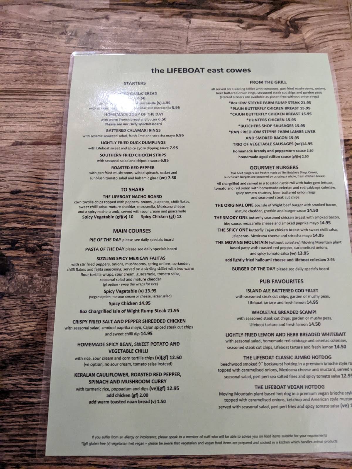 Menu at The Lifeboat pub & bar, East Cowes