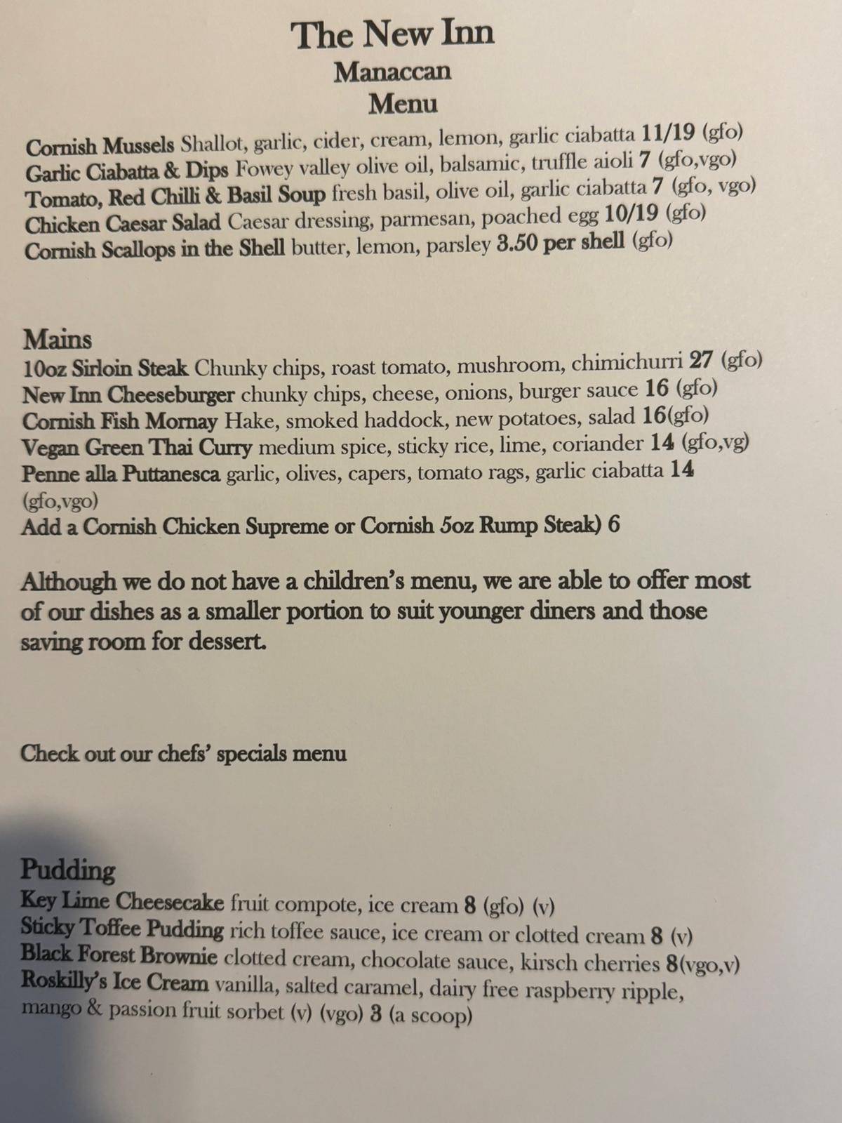 Menu at New Inn pub & bar, Grade-Ruan, The New Inn