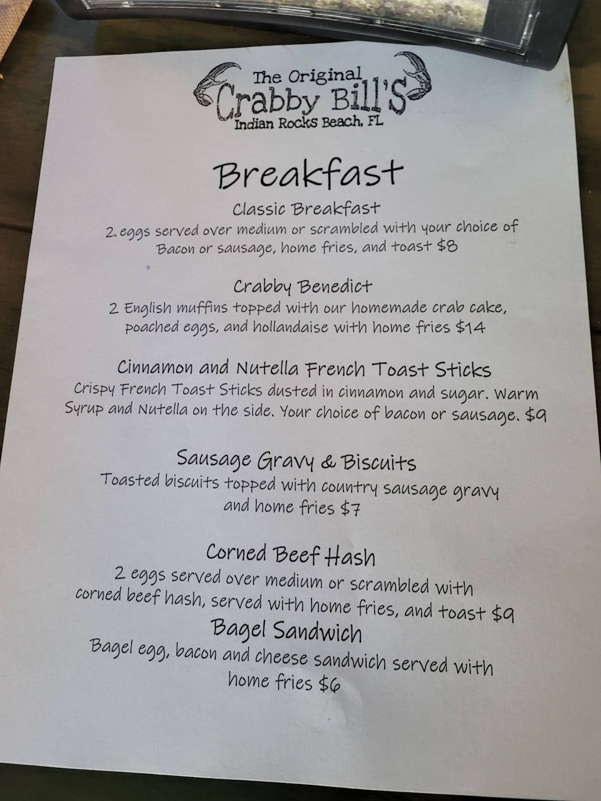 Menu at The Original Crabby Bill's pub & bar, Indian Rocks Beach, 401 ...