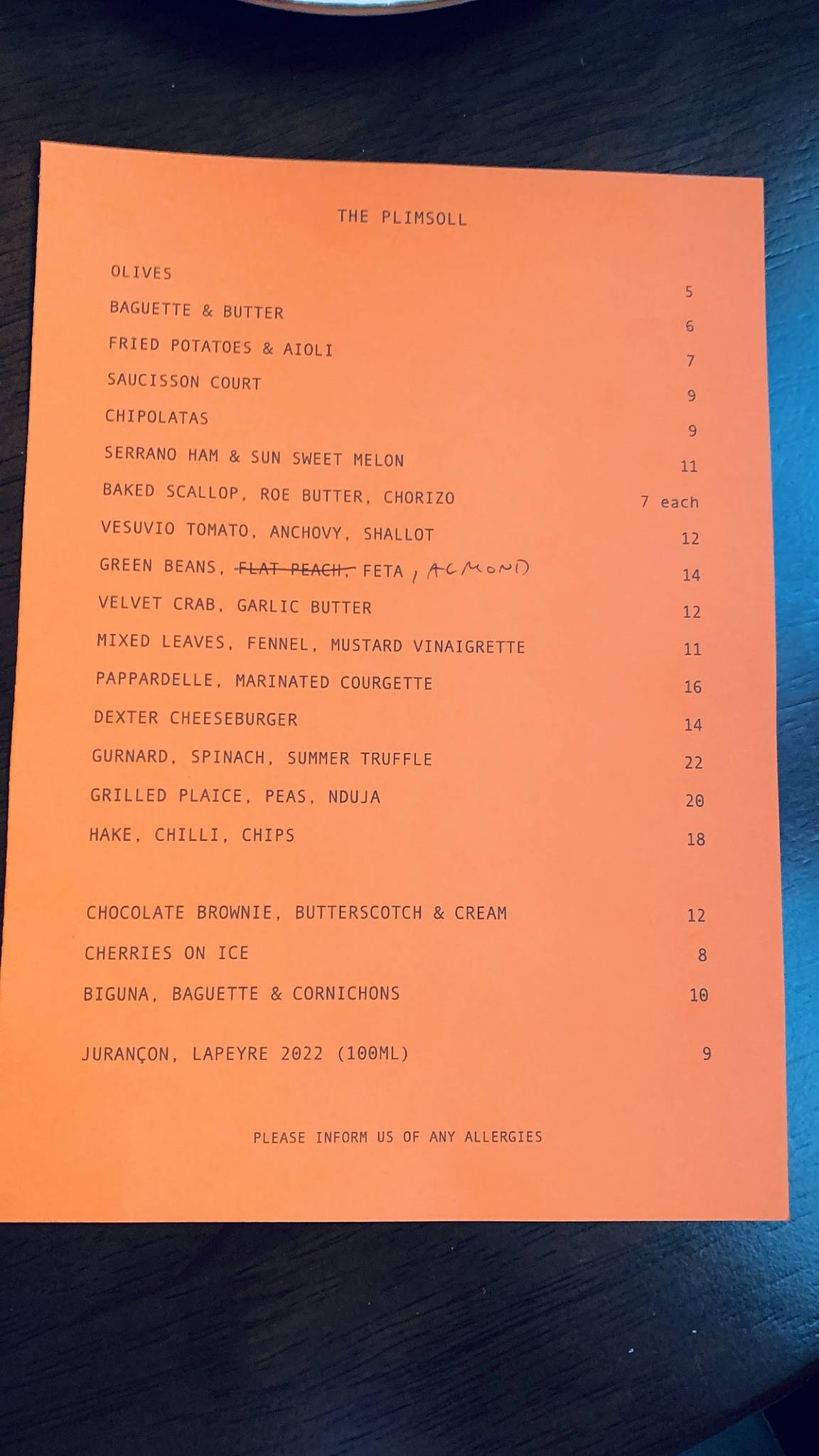 Menu at The Plimsoll pub & bar, London, 52 St Thomas's Rd