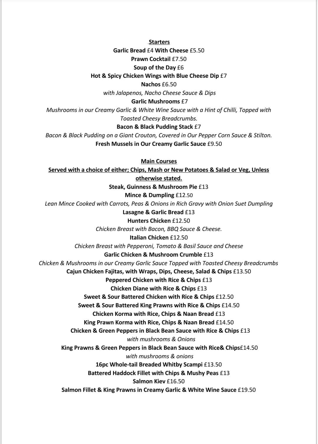 Menu at Spotted Cow pub & bar, Hartlepool, 31 The Grn