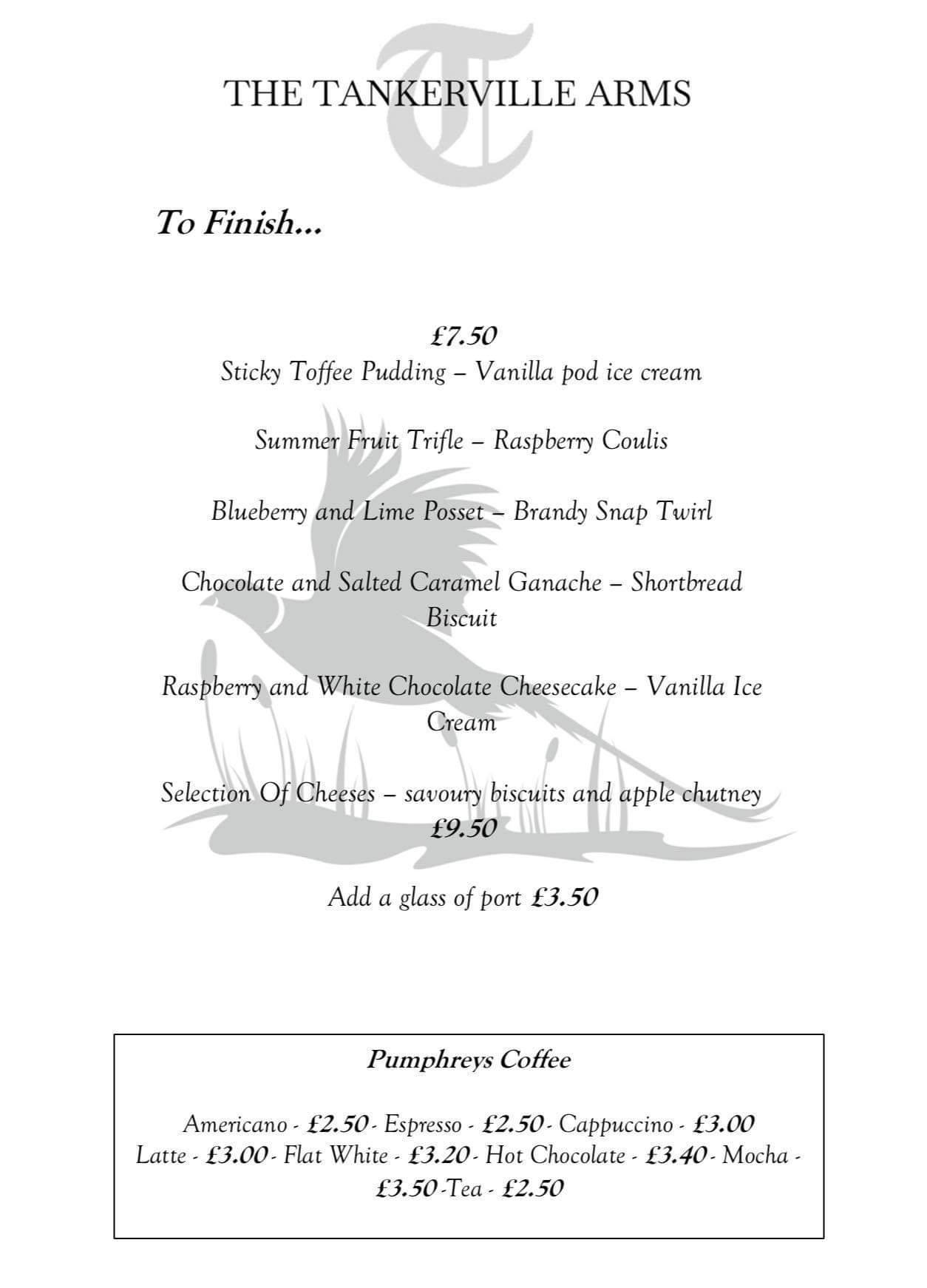 Menu at Tankerville Arms pub & bar, Eglingham, 15 The Village