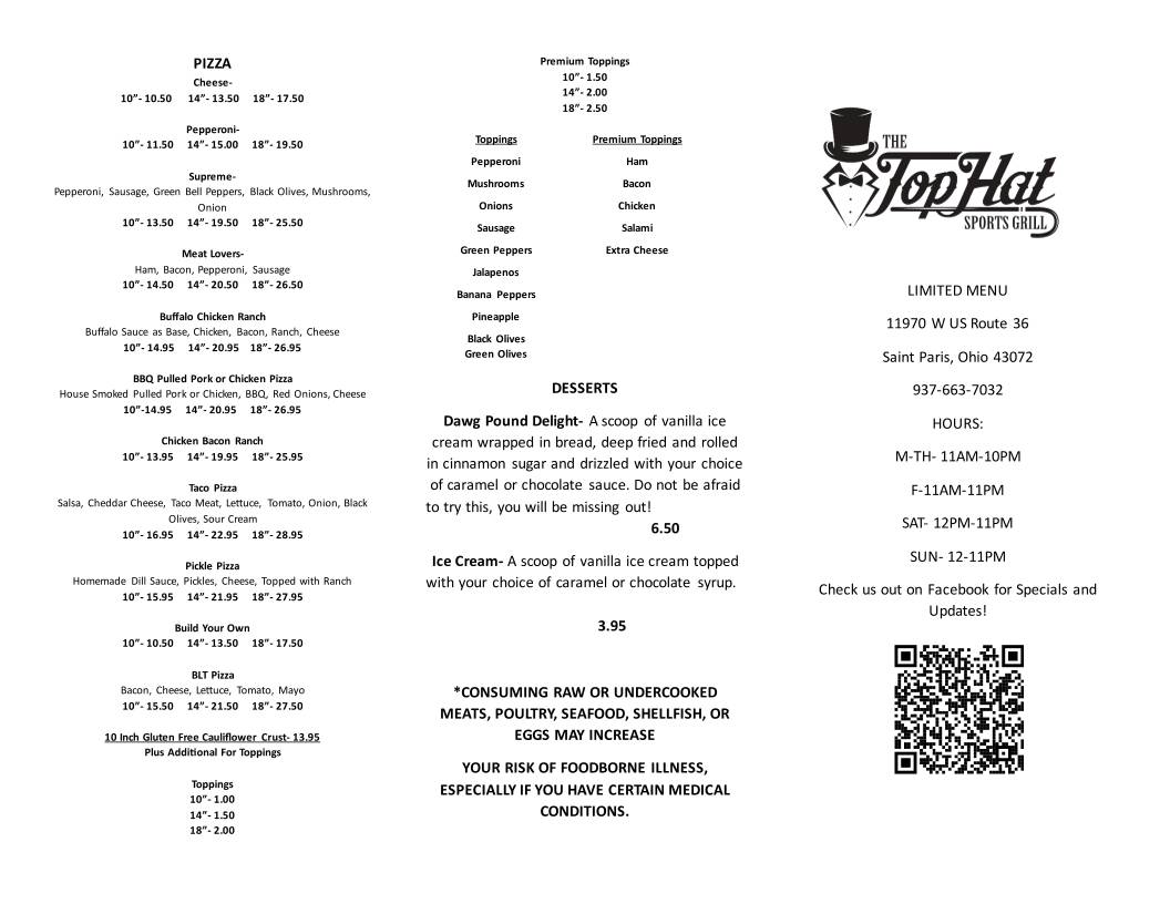 Menu at The Top Hat Sports Grill pub & bar, Saint Paris, US-36