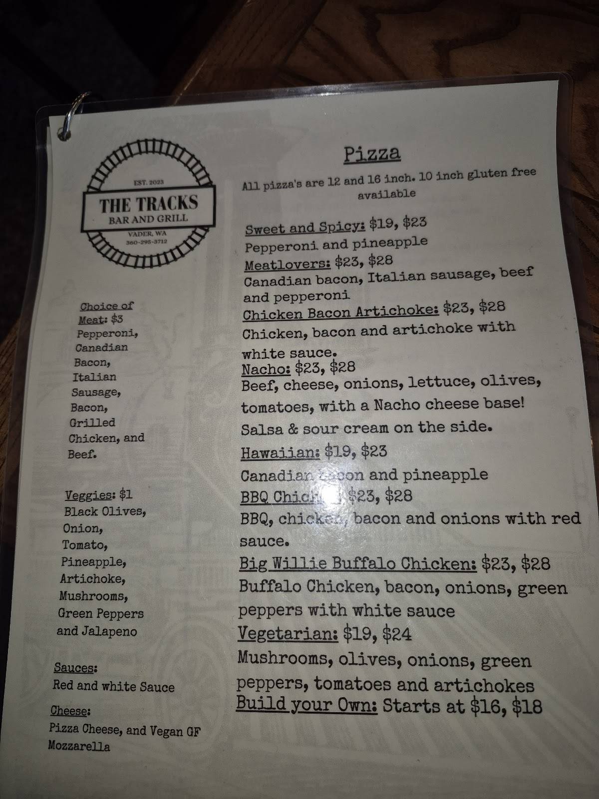 Menu at The Tracks Bar & Grill, Vader
