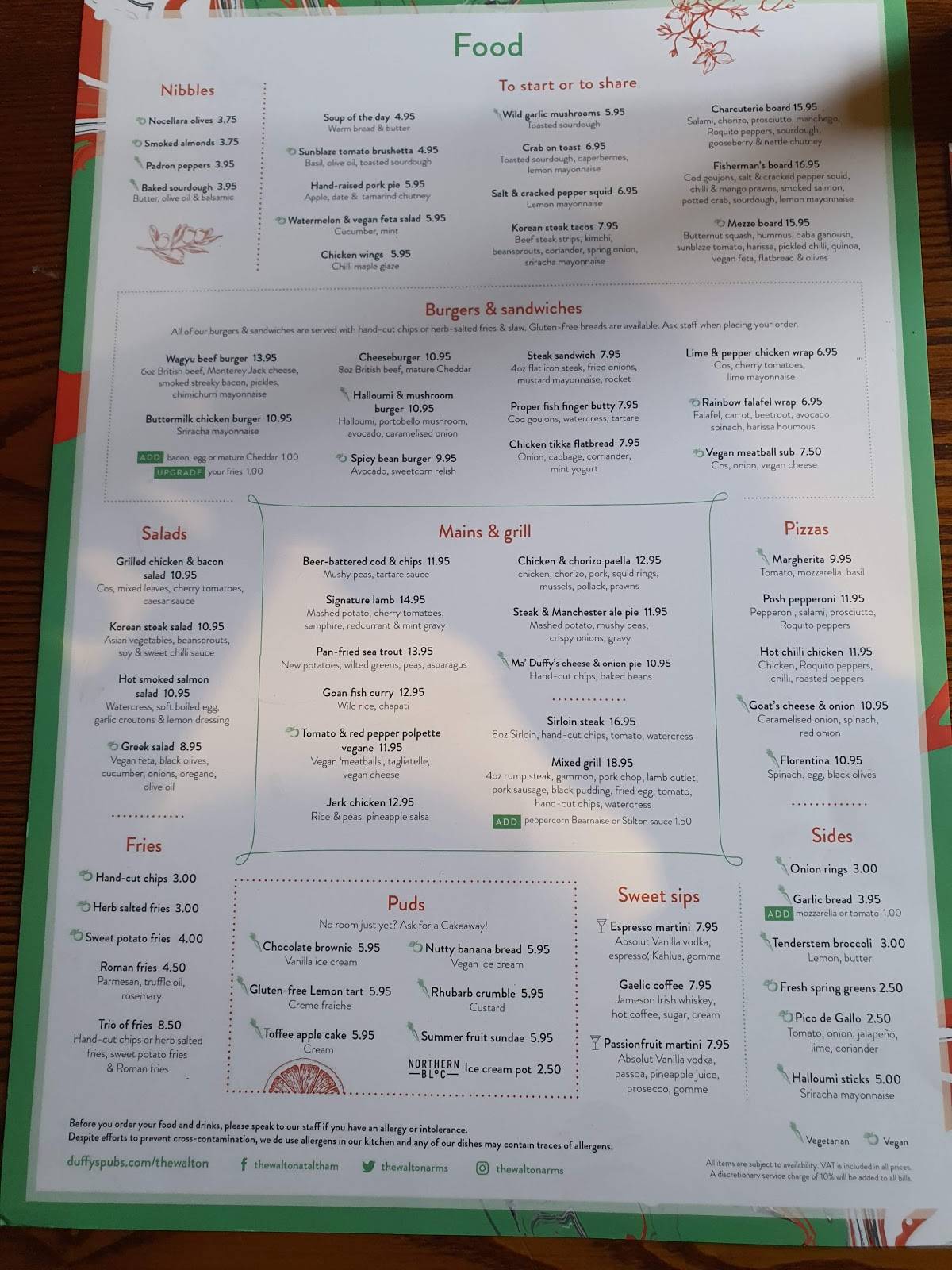 Menu at The Walton Arms, Altham pub & bar, Accrington, Burnley Rd