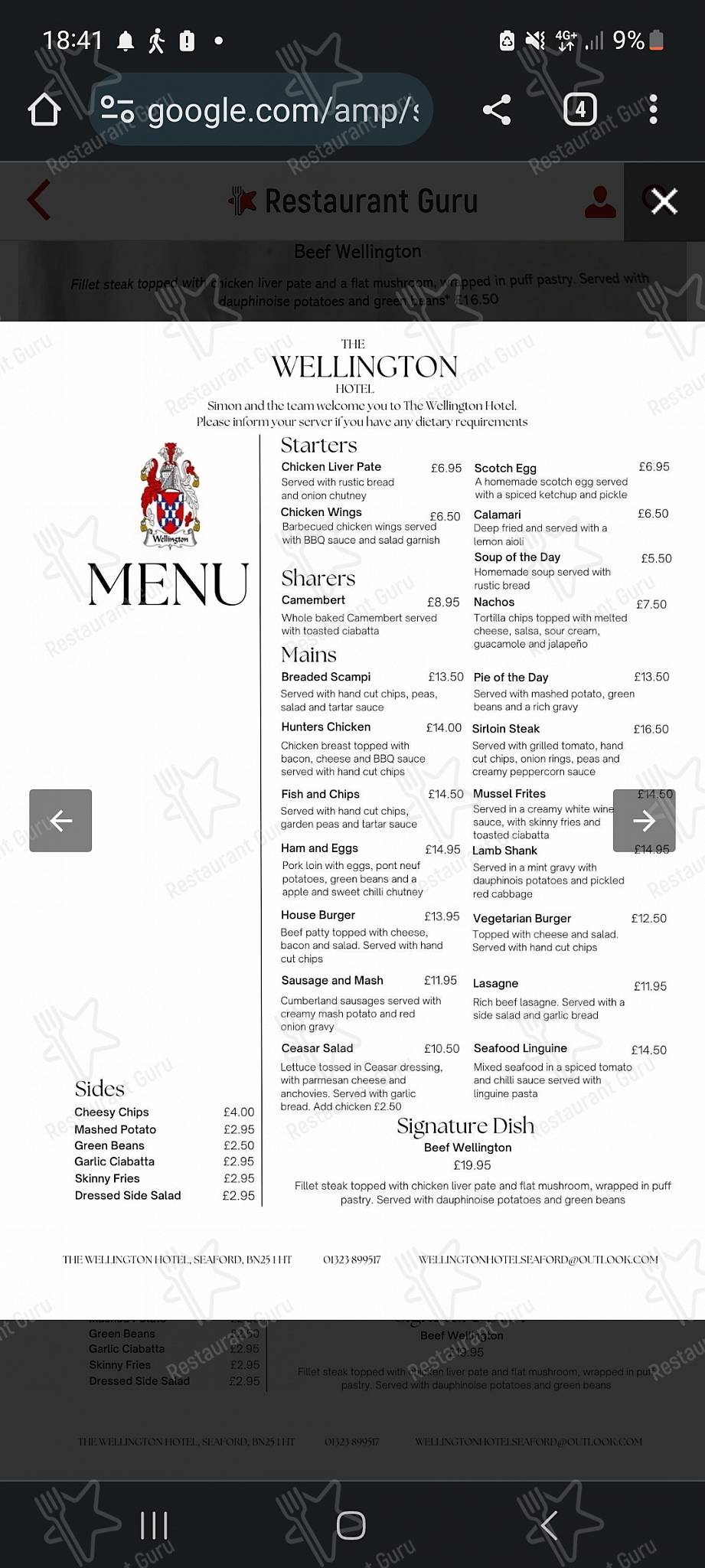 Menu at The Wellington Pub and Bed & Breakfast, Seaford